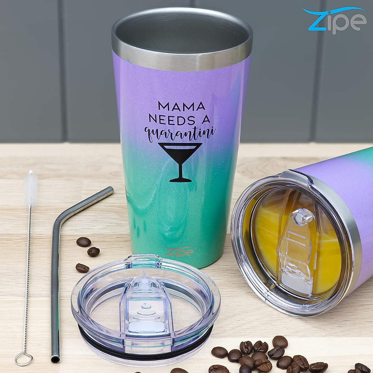 Zipe 16 oz Stainless Steel Vacuum Insulated Tumbler - Mama Needs A Quarantini Tumbler with Lid, Steel Straws & Brush - Travel Coffee Mug, Stainless Steel Water Bottle for Cold Drinks & Hot Beverages