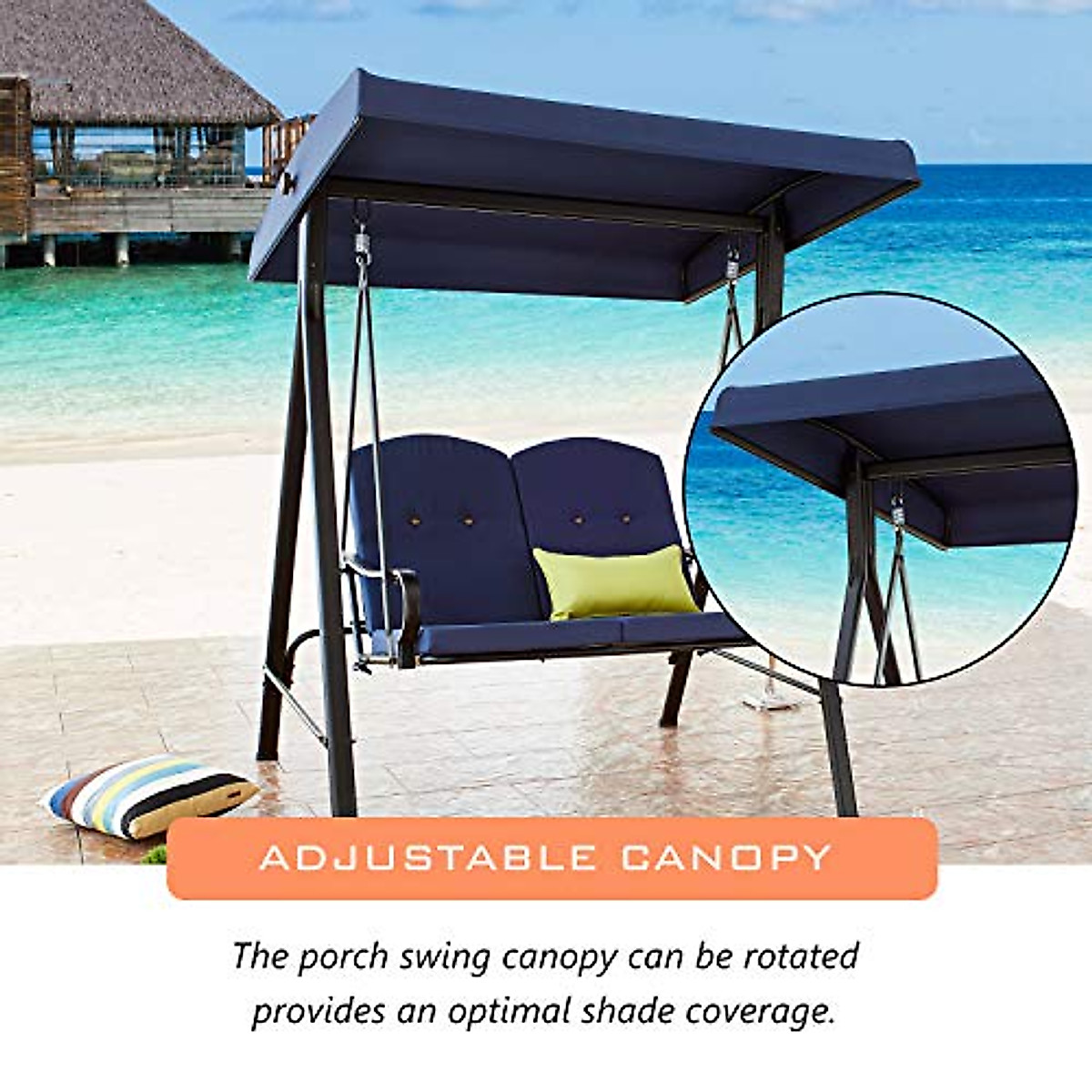 LOKATSE HOME 2-Person Canopy Outdoor Swing Chair Patio Hammock Seat with Cushions and Teapoys Loveseat Bench Bed Furniture, Blue