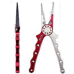 BITE Fishing Tackle 7 inch Fishing Pliers, Aluminum Fishing Tools, Saltwater Resistant Fishing Gear with Corrosion Resistant Coating and Rubber Handle,Fishing Gifts for Men RED Silver