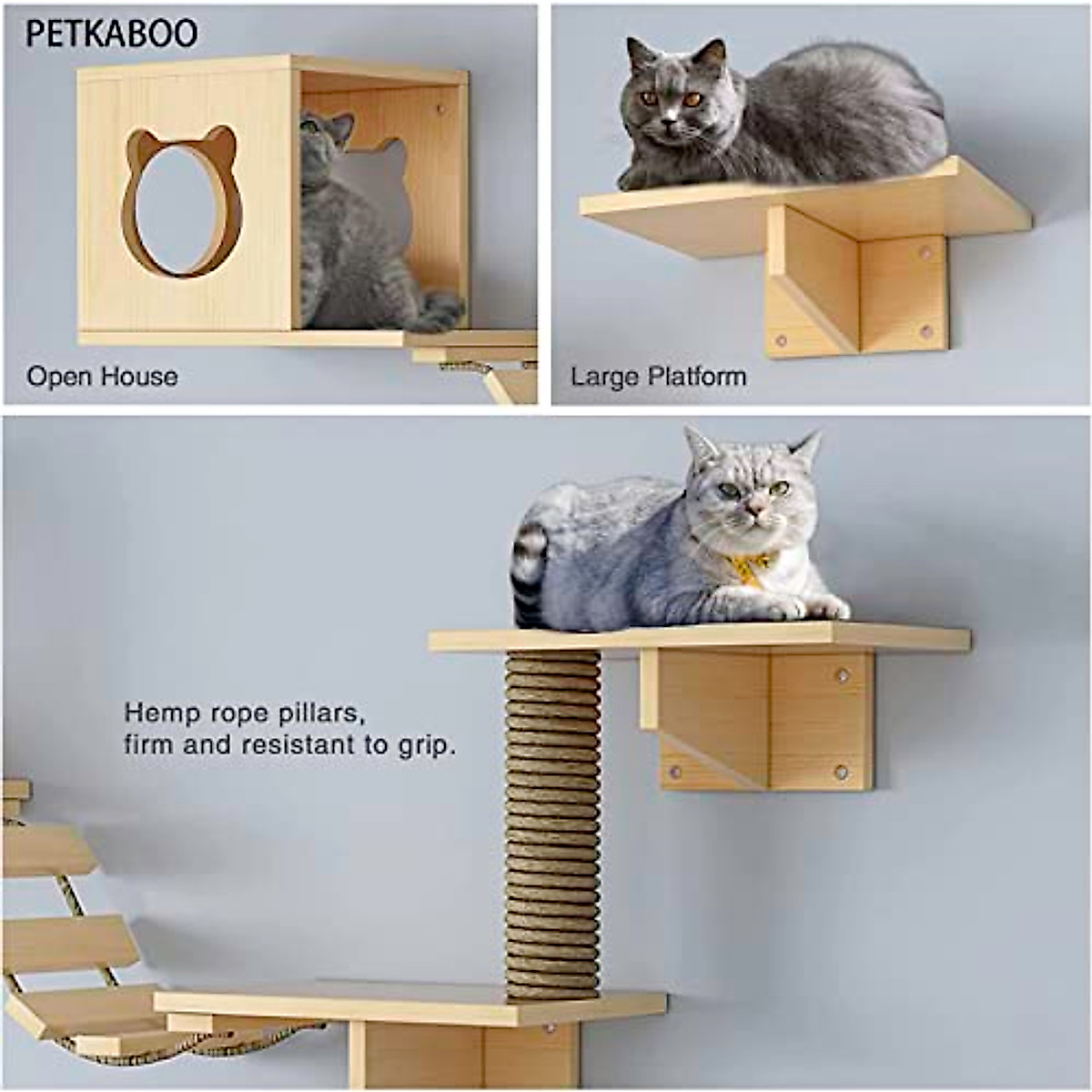 PETKABOO Cat Wall Furniture, Cat Wall Shelves, Floating Cat Wood Climb Furniture, Cat Wall-Mounted Playing Climber, 2 Cat Houses & 4 Cat Shelves & 2 Ladders & 1 Cat Scratching Post