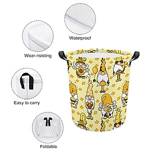 FISNAE Yellow Honey Bees Storage Baskets, Gnomes Flower Small Laundry Hamper-Collapsible Storage Bin with Handles Round Toy Organizer Bin for Kid's Room,Office,Nursery Hamper, Home Decor