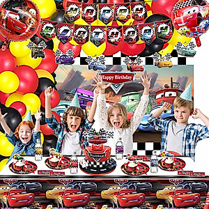 Cars Birthday Party Supplies, Lightning McQueen Birthday Decorations Include Banner, Balloons Arch, Backdrop, Tablecloth, Bottle Labels, Chocolate Stickers, Cupcake Toppers for Cars Theme Party