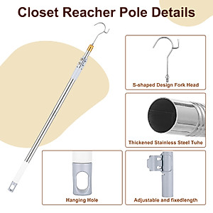 Clothes Hook Pole,Closet Hook Extends from 37 inches to 62 inches,Closet Hook Rod Made of Stainless Steel Adjustable,S Hook Closet for Reaching Extending Rod Lightweight Hang High Area Top
