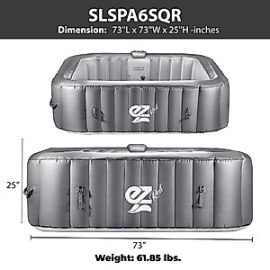 SereneLife Outdoor Portable Hot Tub - 73'' x 73'' x 25'' 6-Person Square Inflatable Heated Pool Spa with 130 Bubble Jets, Filter Pump, Cover, LED Lights, and Remote Control