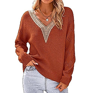 KIRUNDO Women’s 2023 Fall Casual Crochet Long Sleeve Lace V Neck Ribbed Knit Pullover Sweater Tops Rust Red