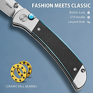 LOTHAR Falcon Pocket Knife, 2.98" 14C28N Steel Blade EDC Knife, G10 Handle, Pocket Folding Knife with Clip, Button Lock Knife, Gifts Pocket Knife for Men Women (Sliver)