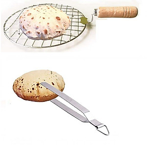 Steel Roasting Roti Jali Wooden Handle with Tong and Pincer Set Roaster,Cooking Rack,Papad Grill,Chapati Grill,Roaster,Food Tong (Round Jali with Wooden Handle)
