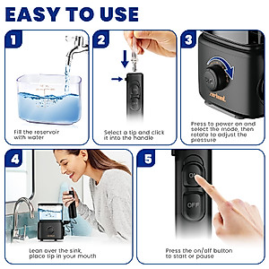 Dental Water Flosser Teeth Cleaner - Zerhunt High Frequency Pulsed Water Flosser Electric Oral Irrigator with 5 Interchangeable Nozzles for Braces, Implants, Bridges, 600ML Large Capacity Black