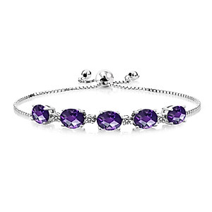 Gem Stone King 925 Sterling Silver Oval Checkerboard Purple Amethyst and White Diamond Tennis Bracelet For Women (6.26 Cttw, Gemstone Birthstone, Fully Adjustable Up to 9 Inch)