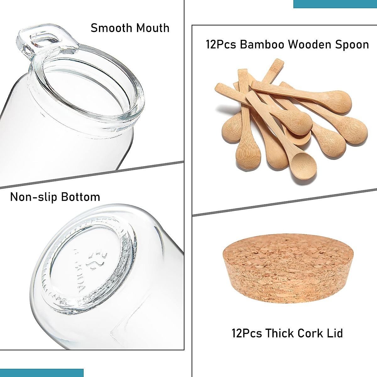 YEBODA 10oz Small Glass Storage Jars with Cork Lids and Spoons Yogurt Containers for Pantry,Bathroom,Spices,Honey,Mousse,Candy,Candle Making,Diy and Art,Dishwaresafe 12 Pack