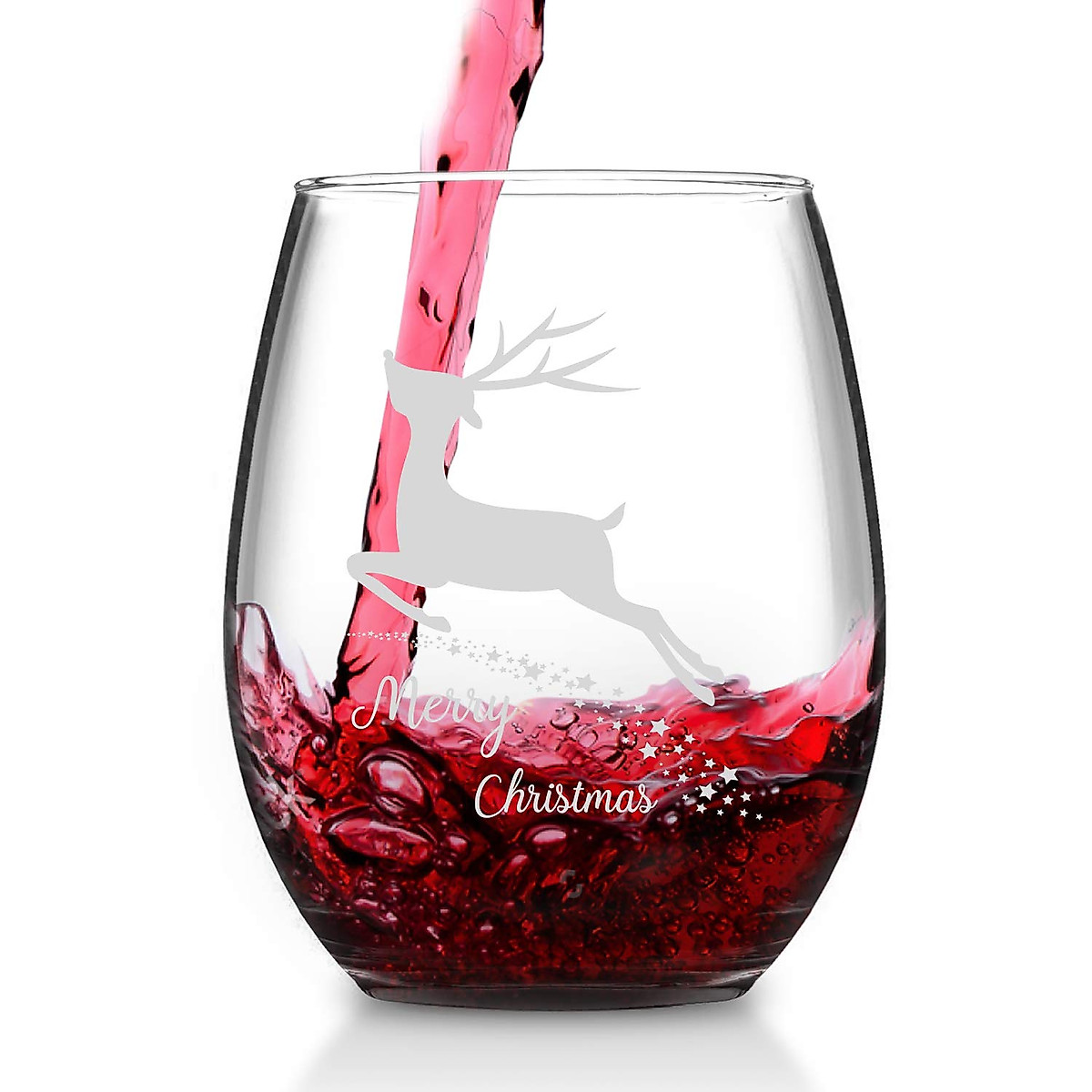 Waipfaru Set of 4 Merry Christmas Wine Glasses with White Christmas Deer Stemless Glasses Xmas Festival Decoration Christmas Holiday Festival Gifts for Family Friends(White Deer, 15 Oz)