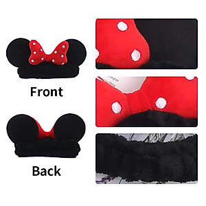 JIAHANG Mouse Ears Facial Spa Headbands, Coral Fleece Wash Face Hair Band, Velvet Bow Shower Hair Band for Girls Women Make up Hair Accessories(Velvet Red Bow)