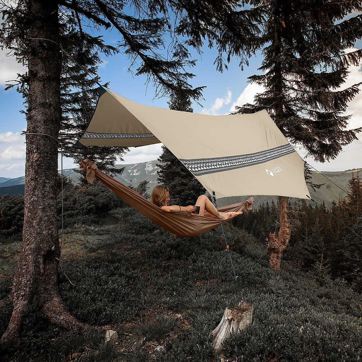 VILLEY Hammock Tent Rain Fly, Octagonal Waterproof Camping Tarp, Sun Shelter for Camping, Backpacking, Hiking, Accessory Includes Stakes, Ropes and Carry Bag (Khaki)