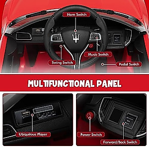 TOBBI Kids Ride on Car, 12V Licensed Maserati Ghibli, Electric Car for Boy Girl with Remote Control, 3 Speeds, Music, Bright Lights, MP3, USB, Electric Vehicle for Kids Ages 3-6 Years, Red