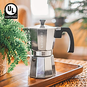 GROSCHE Milano Stovetop Espresso Maker Moka pot 6 espresso Cup - 9.3 oz, Silver and 3 Replacement Seals Gaskets Bundle Stove top coffee maker Moka Italian espresso coffee maker and replacement gaskets