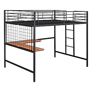 Full Size Loft Bed with Desk and Metal Grid, Metal Loft Bed with Ladder and Full-Length Guardrail for Kids Boys Girls Teens, Hold up to 250lbs, Noise Free Frame, Black