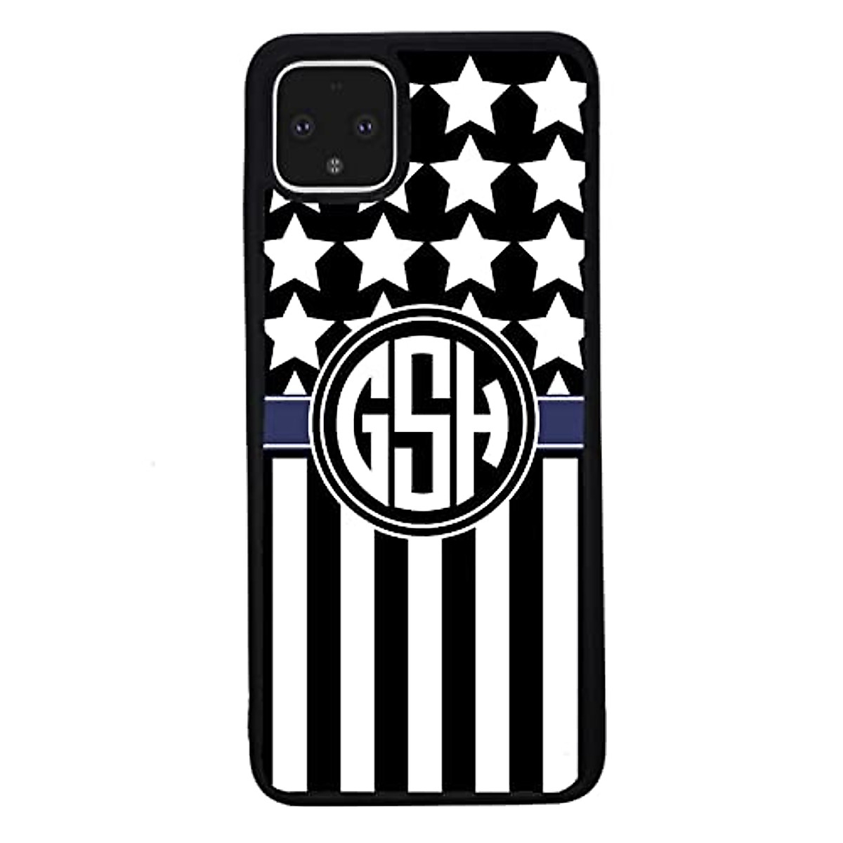 American Flag USA Thin Blue Line Police Monogram Black Rubber Phone Case Compatible With Google Pixel 8 Pro, 8a, 8, 7a, 7, Pixel 7 Pro, 6a, 6 Pro, 6, 5, 4a 5G, 4a 4G, 4, 4 XL, 3a, 3a XL, 3, 3 XL