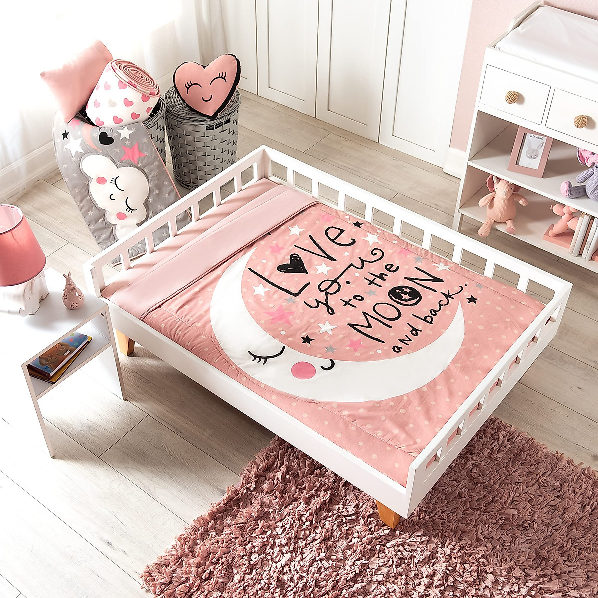 DreamPartyWorld Moon & Stars Crib Bedding Set for Baby Girls Bed Set Pink | 4 Pieces | Material: 100percent Cotton