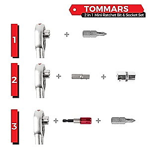 TOMMARS 58-Pc 1/4" Mini Ratchet Wrench Socket & Screwdriver Bits Set, Low Profile, 45 Teeth Gear, S2 and CR-V, 58PCS