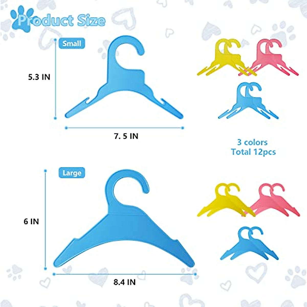 GKPONSX 12Pack Dog Clothes Hangers, 2 Size Plastic Pet Apparel Hanger Small Baby Hangers for Nursery Small Dog Puppy Cats Kitten Clothing Closet (Pink, Blue, Yellow)