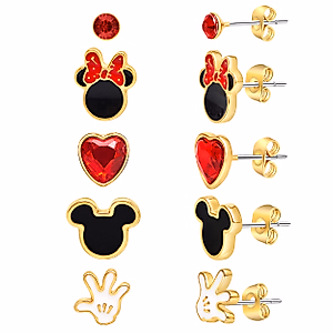 Disney Mickey and Minnie Mouse Earrings 5 Pack Official License, Red Crystal and Enamel Plated Stud Earrings