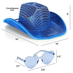 Funcredible Blue Light Up Cowboy Hat and Glasses - Sparkly Disco Cowgirl Hat - Sequin Cowboy Hat for Women - Cowgirl Costumes for Girls