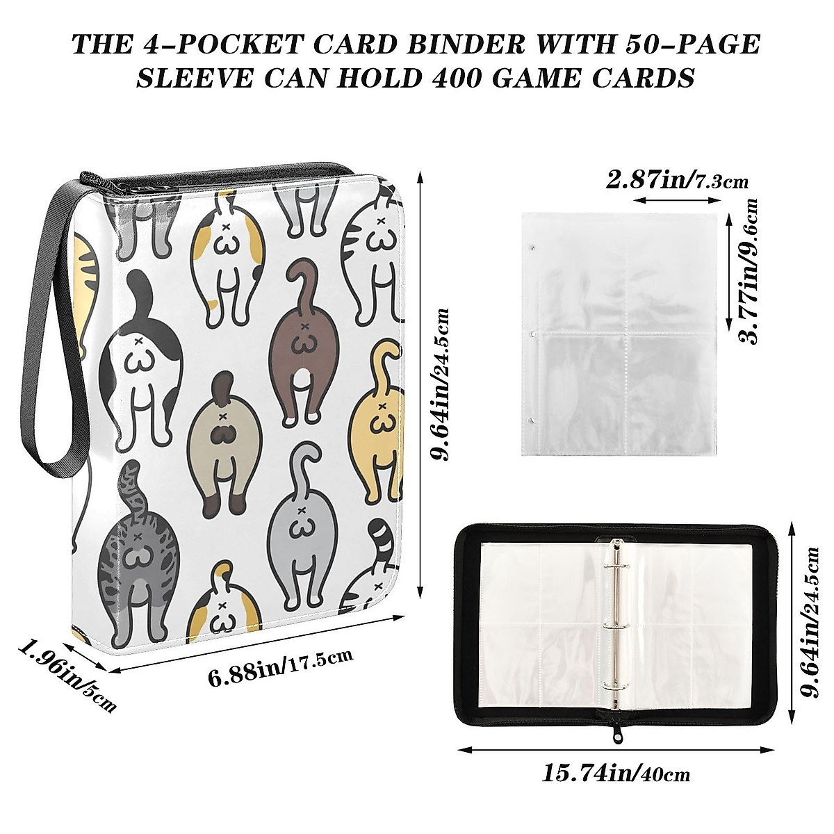 Cats Butt 4 Pockets Trading Card Album Folder for Cards PU Cover Zip Card Binder with 400 Side Loading Pockets Card Collection Binder for Collectible Boys Girls Game Sports Cards MTG TCG