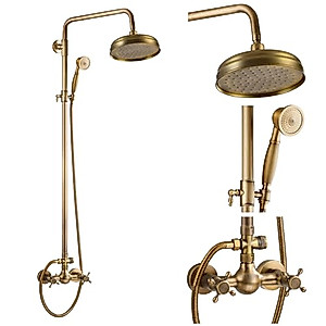 gotonovo Antique Brass Exposed Shower Fixture Set 8 Rain Shower Head 2 Double Knobs Cross Handle Shower Faucet Combo System Unit Set Dual Function