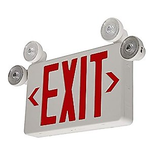 LFI Lights | Compact Combo Red Exit Sign with Emergency Lights | White Housing | All LED | Two Adjustable Round Heads | Hardwired with Battery Backup | UL Listed | (1 Pack) | COMBOC-R