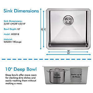 VADANIA 20-inch Kitchen Bar Sink, 20"x18"x10", Single Bowl, Undermount, 18 Gauge T304 Stainless Steel, Satin Finish, with Strainer & Bottom Grid, cUPC listed