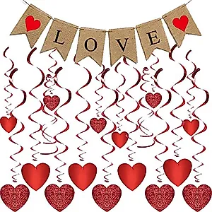 Mocossmy Valentine's Day Red Heart Hanging Decoration Set,Burlap LOVE Banner&16 Pack Glitter Red Heart Hanging Swirls Ceiling Streamers for Mother's Day Date Engagement Wedding Anniversary Party Supplies Decoration