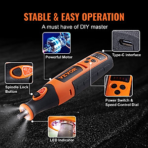 VEVOR Rotary Tool Kit Cordless 118PCS, 8V Power Rotary Tools 5000-25000RPM Variable Speed with A Universal Chuck, 5 Speeds for Grinding, Sanding, Milling, Carving, Cutting and Polishing