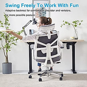 HOLLUDLE Ergonomic Office Chair with Adaptive Backrest, High Back Computer Desk Chair with 4D Armrests, Adjustable Seat Depth, Lumbar Support and 2D Headrest, Swivel Task Chair, White