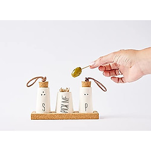Mud Pie, Off-White Salt, Pepper & Toothpick Holder, Size: tray 2" x 6" | shakers 2 3/4" x 1 1/2" dia