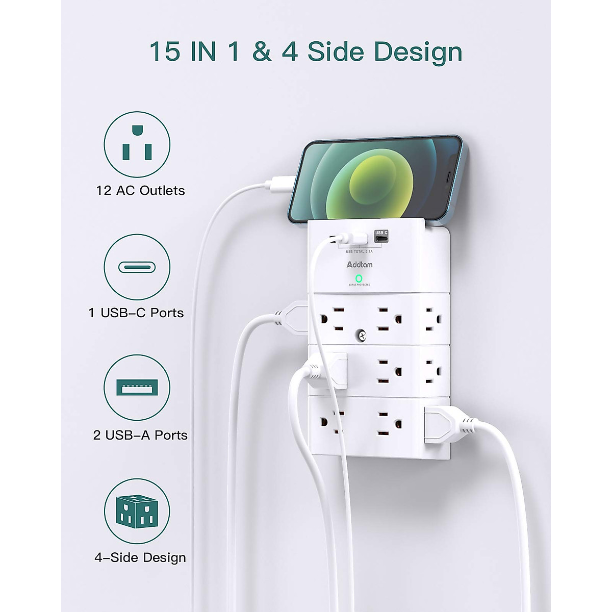 Multi Plug Outlet - Addtam Surge Protector Wall Mount with 12 Outlet Extender- 3 Sides and 3 USB Ports (1 USB-C), Outlet Splitter Power Strip for Home, Office, Hotel, White