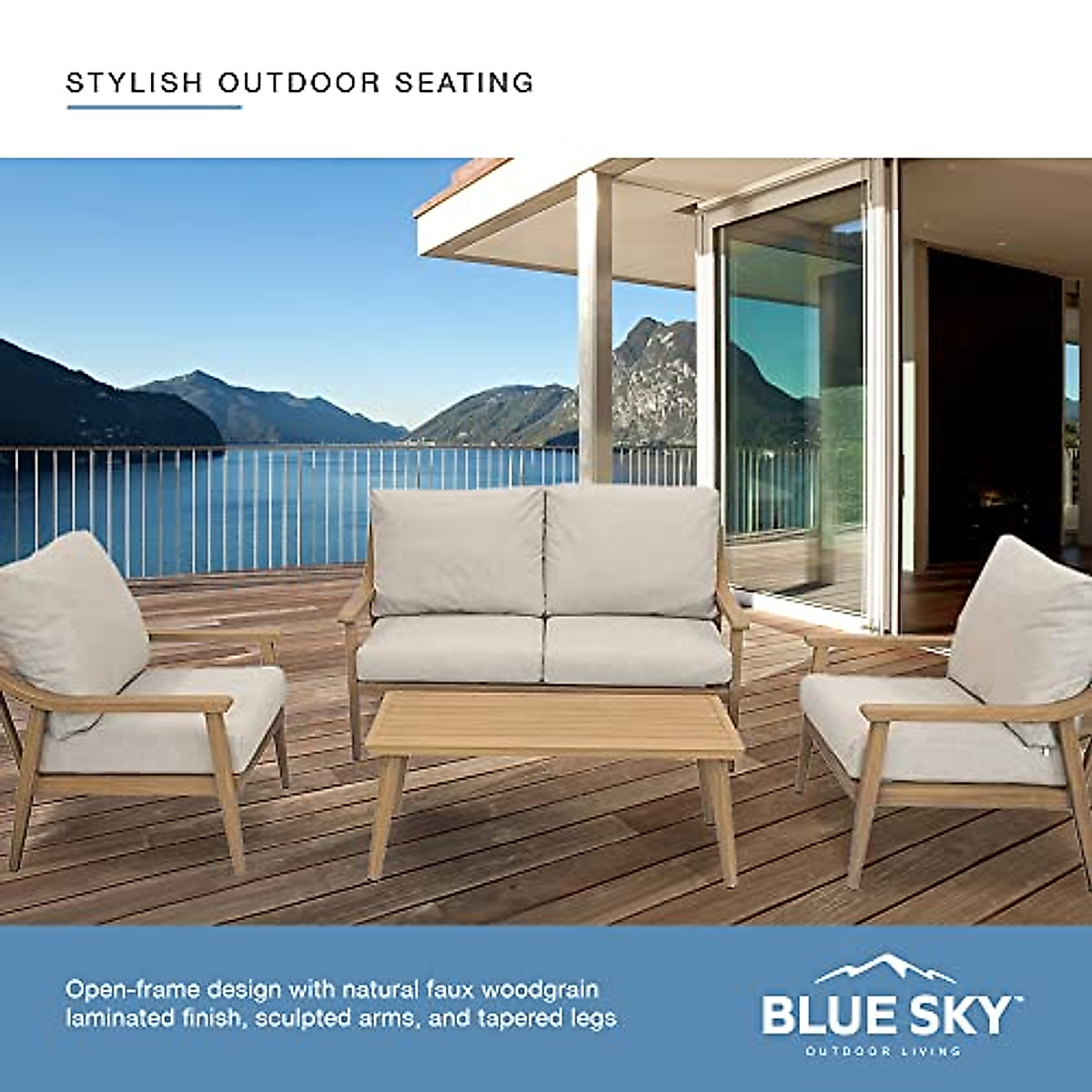 Blue Sky Outdoor Living Genova 4-Piece Aluminum Conversation Set, All-Weather Outdoor Furniture for Patio, Lawn, Garden, or Poolside, Natural/Grey