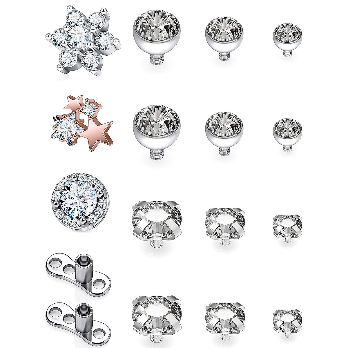 Uqnwbdq Dermal Piercing Jewelry Dermal Top Dermal Anchor Dermal Jewelry kit Dermal Base Jewelry 316L Surgical Stainless Steel Titanium Microdermal Gem CZ Diamond Dermal Piercing Jewelry for Women Men