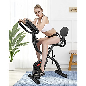 Folding Exercise Bike with Arm Resistance Bands, Magnetic Upright Indoor Cycling Bike Stationary for Home Gym & Cardio Workout