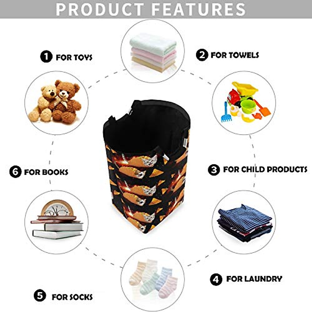 visesunny Large Capacity Laundry Hamper Basket Funny Taco Cats Space Galaxy Pizza Water-Resistant Oxford Cloth Storage Baskets for Bedroom, Bathroom, Dorm, Kids Room