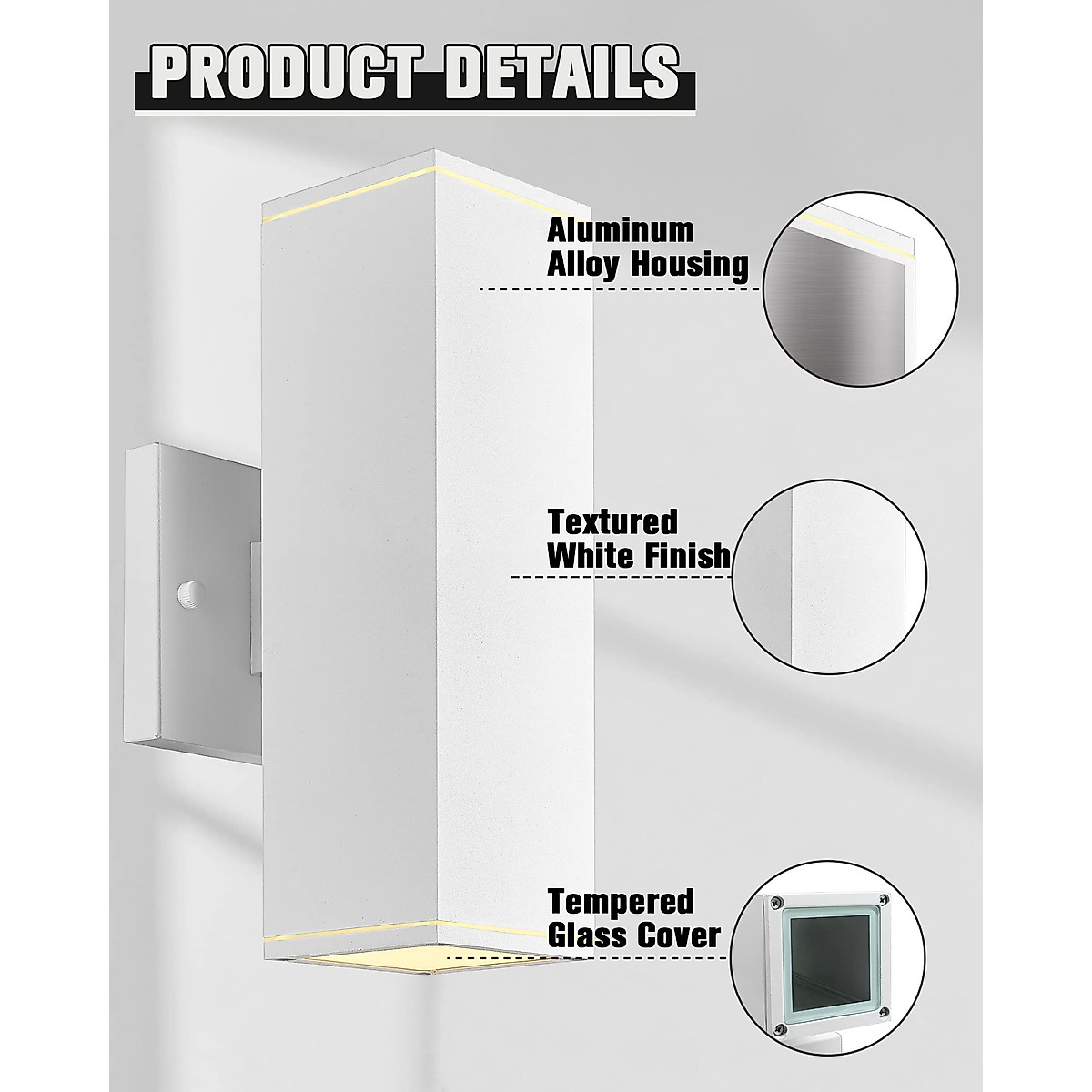 Ken & Ricky Outdoor Wall Lights, Modern Exterior Up and Down Wall Sconces, Square Porch Lights Outdoor Wall with Sanded White Finish - 2 Pack