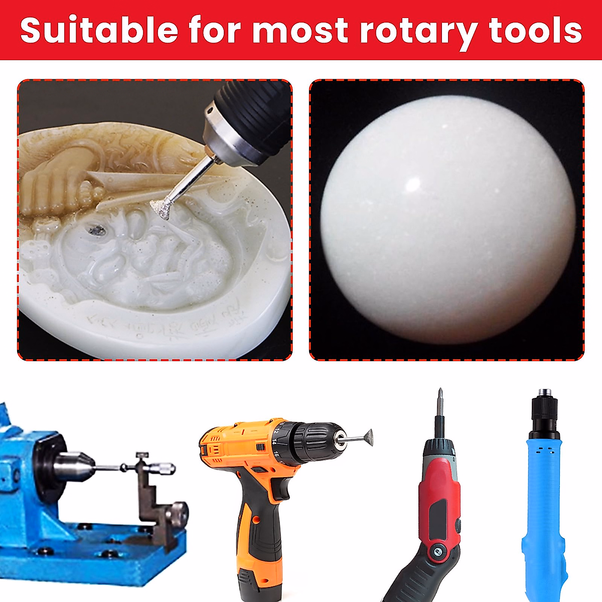 Stone Carving Set Diamond Burr Bits Compatible with Dremel, 13PCS Polishing Kits Rotary Tools Accessories with 2.35mm 3mm Shank Bowl Shape for Carving, Engraving, Grinding, Stone, Rocks, Jewelry