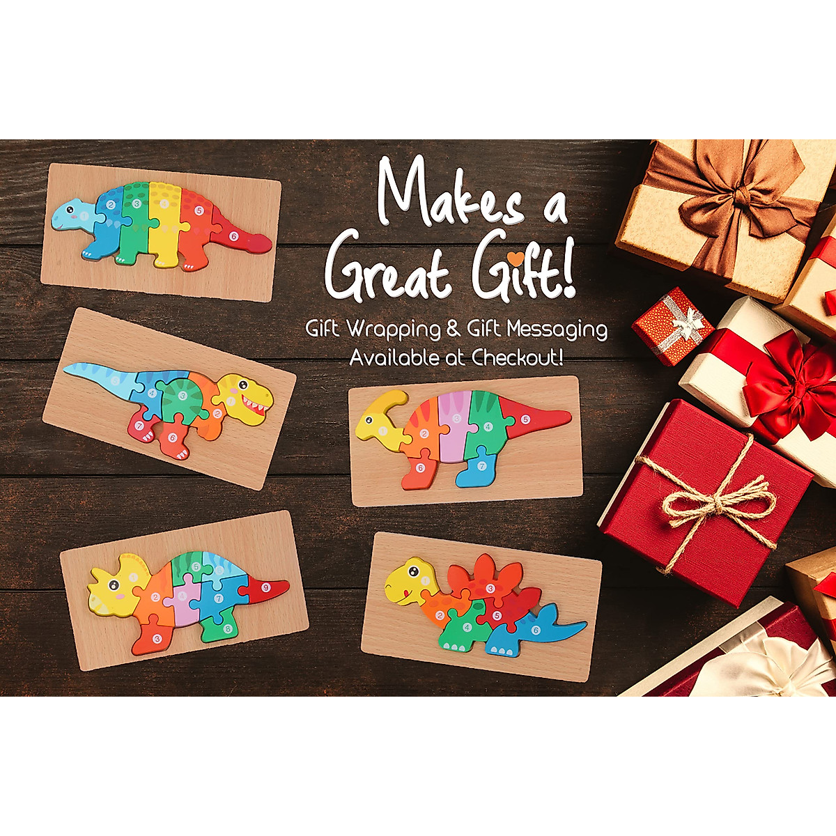 MONTESSORI MAMA Toddler Puzzles for Kids Ages 3-5 Dinosaur Puzzle 5-Pack, Montessori Toys for 3 Year Olds, Toddler Toys Age 2-4 Gifts for 3 Year Old Boys Girls, Wooden Puzzles for Toddlers