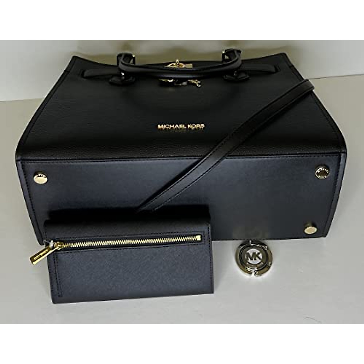 MICHAEL Michael Kors Hamilton MD Satchel bundled with Trifold Wallet and Purse Hook (Black)