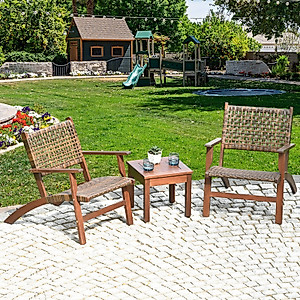 RELAX4LIFE 3-Pieces Porch Bistro Set - Outdoor Eucalyptus Wood Patio Furniture Set with Coffee Table, Outside Rattan Chairs for Poolside, Balcony, Garden, Deck, Hand-Woven PE Wicker Conversation Set