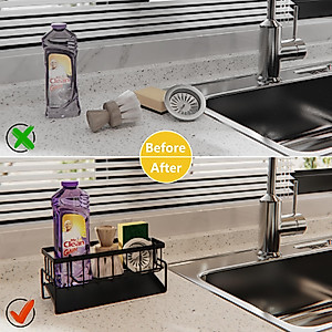 TWRYAMG Sponge Holder for Kitchen Sink-Kitchen Sponge Holder for Organizing Sponge, Brush & Soap Dish Dispenser, Kitchen Sink Organizer Rack with Divider Black