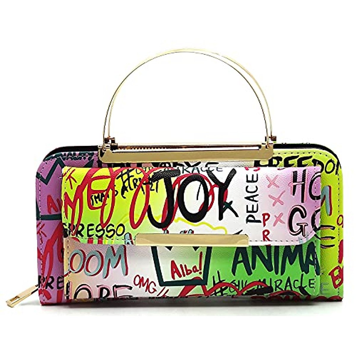 Multicolor Graffiti Printed Cell Phone Purse Wallet Smartphone Crossbody Wallet Travel Multifunction Phone Case Wristlet (#D-Multi2(GN/PK))