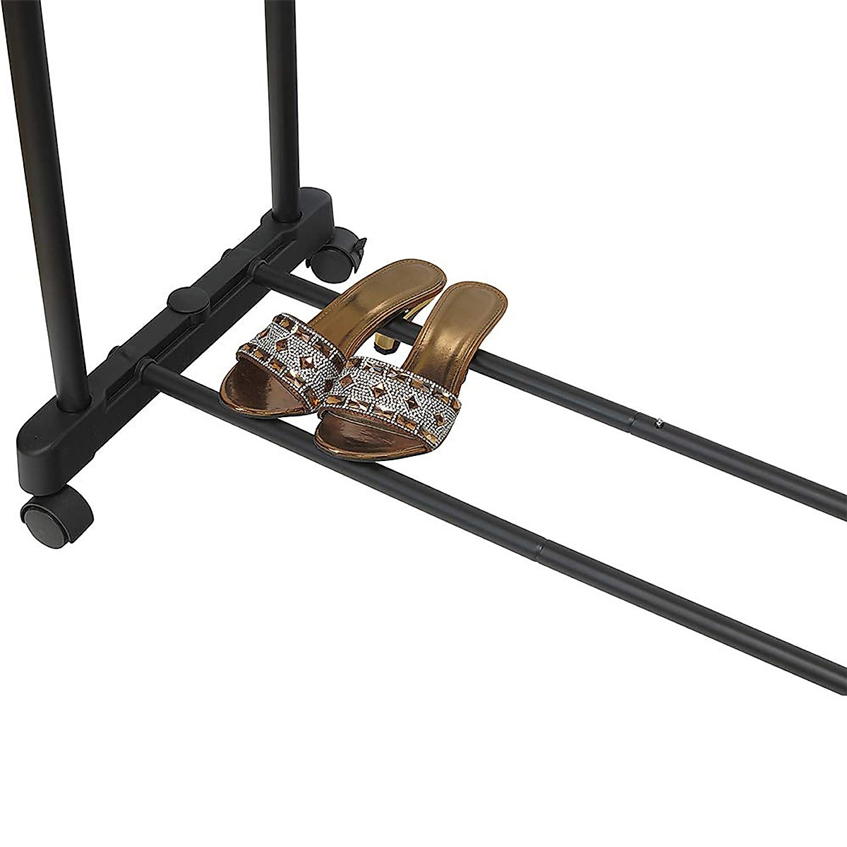 WOHLLEBEN Expandable Double Rods Clothing Rack Portable Freestanding Clothes Rack on Wheels Clothes Closet with Shoe Shelves Multi-functional Garment Rack, (33"-59")×16.5"×(43"-67")