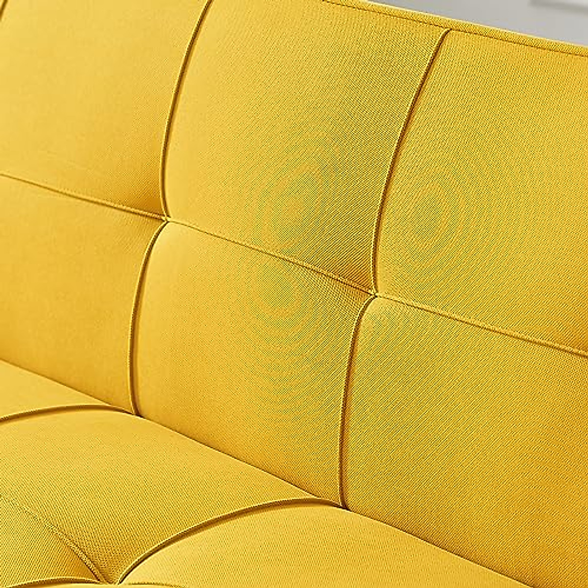 Anwickhomk 72" Convertible Folding Sofa Bed Futon,Modern Linen Fabric Sleeper Loveseat with 2 Pillows & Solid Wood Legs,Small Couch Bed Recliner Sofa for Living Room Apartment Office (Yellow-New)