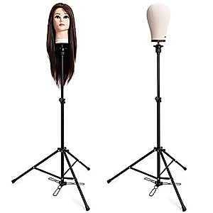 HYOUJIN Wig Head Stand Tripod Mannequin Head Stand Metal Adjustable Holder for Mannequin Head,Manikin Head,Training Head,Canvas Block Head with Wig Caps,T-Pins,Carry Bag (With Foot Panel)