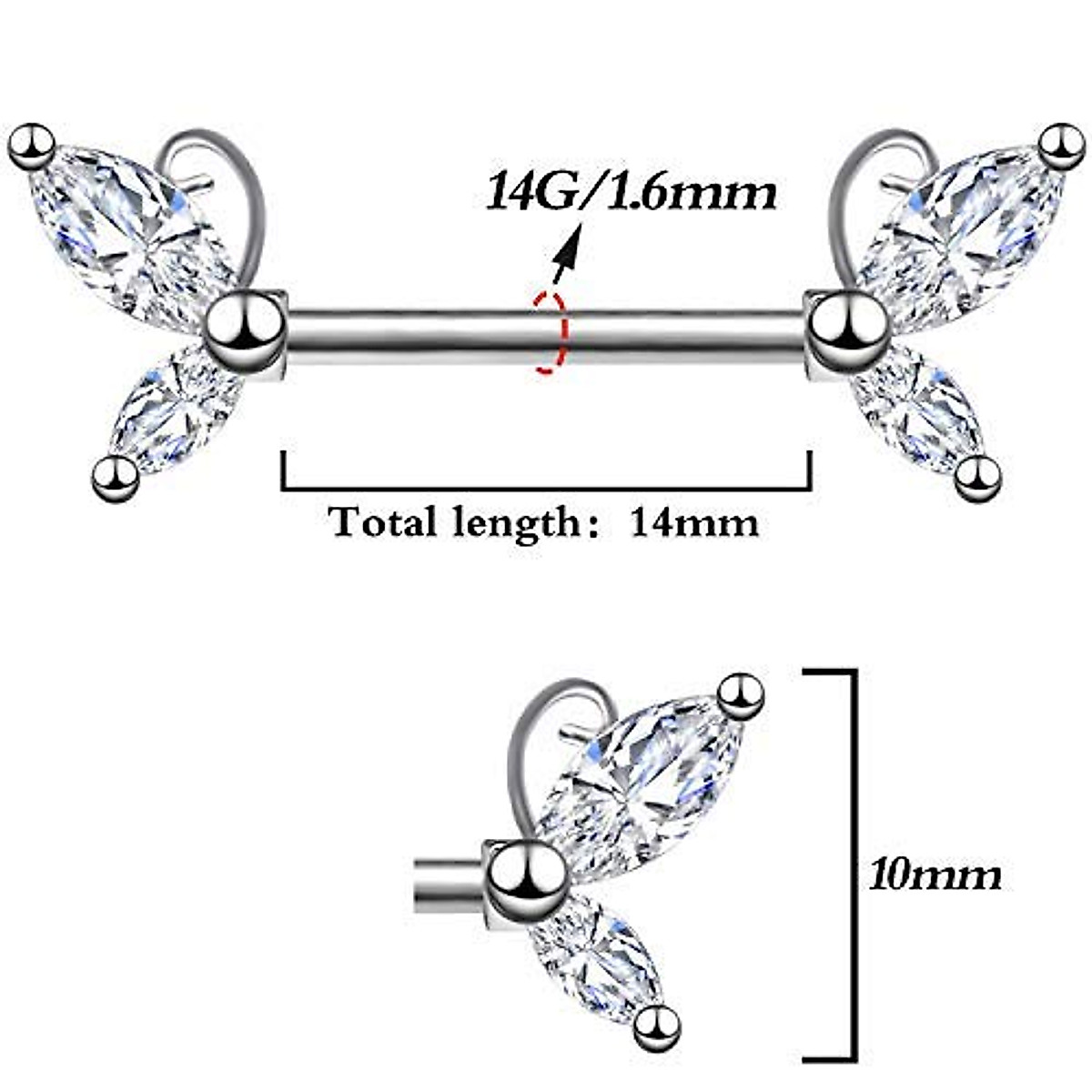 CHARM ONLINE 2PCS 14G 316L Stainless Steel Clear (Butterfly CZ Nipple Rings Barbell Crystal Nipple Piercings Jewelry for Women)